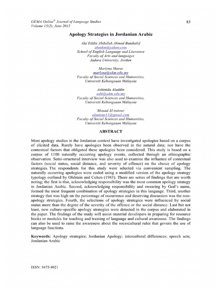 Apology Strategies in Jordanian Arabic-01 | PDF