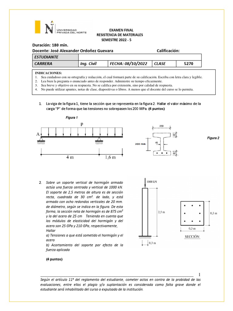 Examen Final Resis - 2022-2 | PDF | Prueba (evaluación) | Viga (Estructura)