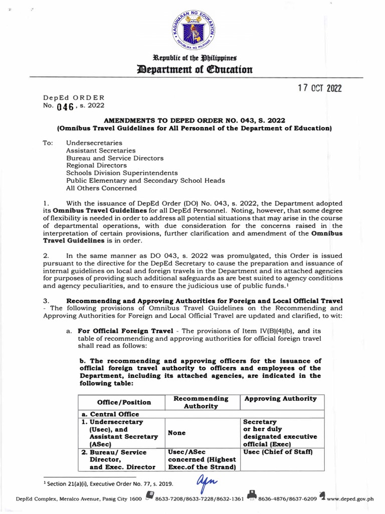 Amendments to DepEd Travel Guidelines | PDF | Governance | Public ...