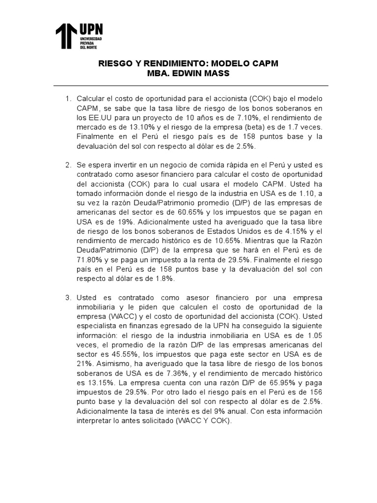 Sesión 04 - Caso Riesgo y Rendimiento-Modelo Capm | PDF