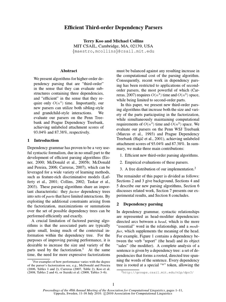 Efficient Third-Order Dependency Parsers Terry Koo and Michael Collins | PDF | Parsing ...