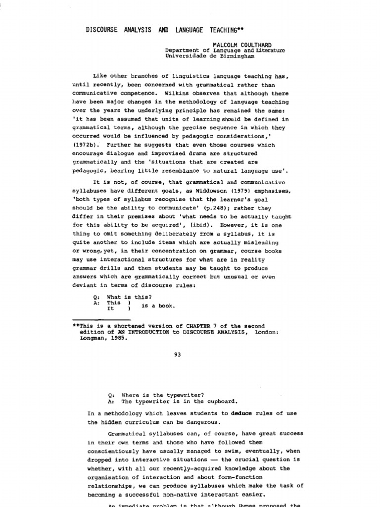 Discourse Analysis and Language Teaching Discourse | PDF | Question ...