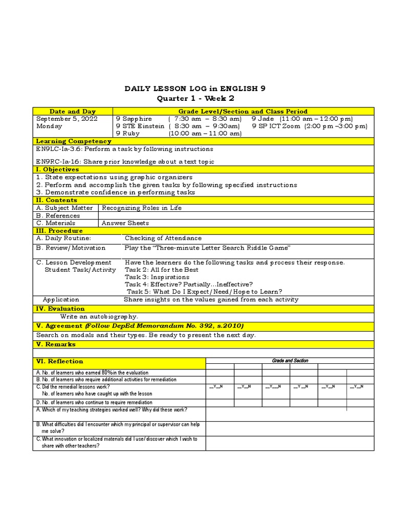 DLL in ENGLISH September 5,2022 | PDF | Learning | Teaching Method