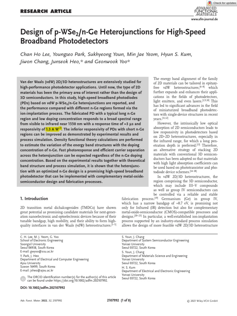 Adv Funct Materials - 2021 - Lee - Design of P WSe2 N Ge Heterojunctions For High Speed ...