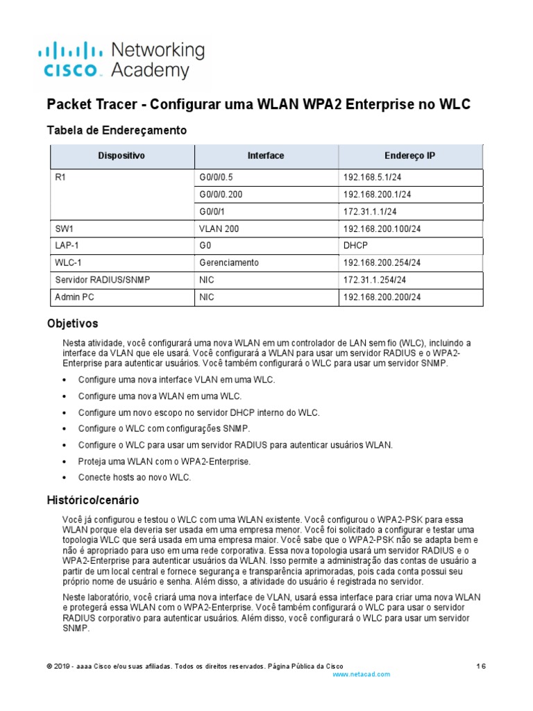 13.3.12 Packet Tracer - Configure A Wpa2 Enterprise Wlan On The WLC - PT BR | PDF | Raio | Rede ...