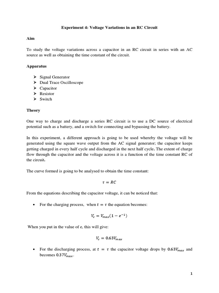 Experiment 4 - Voltage Variations in An RC Circuit | PDF | Electrical Network | Capacitor