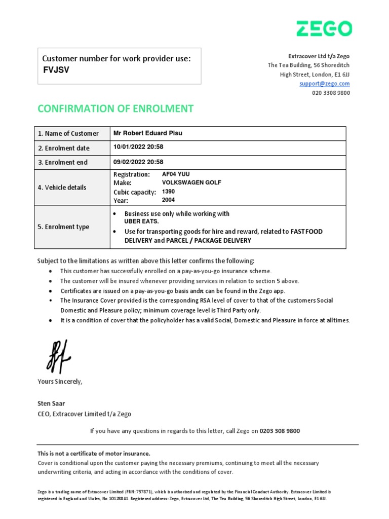 Letter of Enrolment | PDF | Insurance | Vehicle Insurance