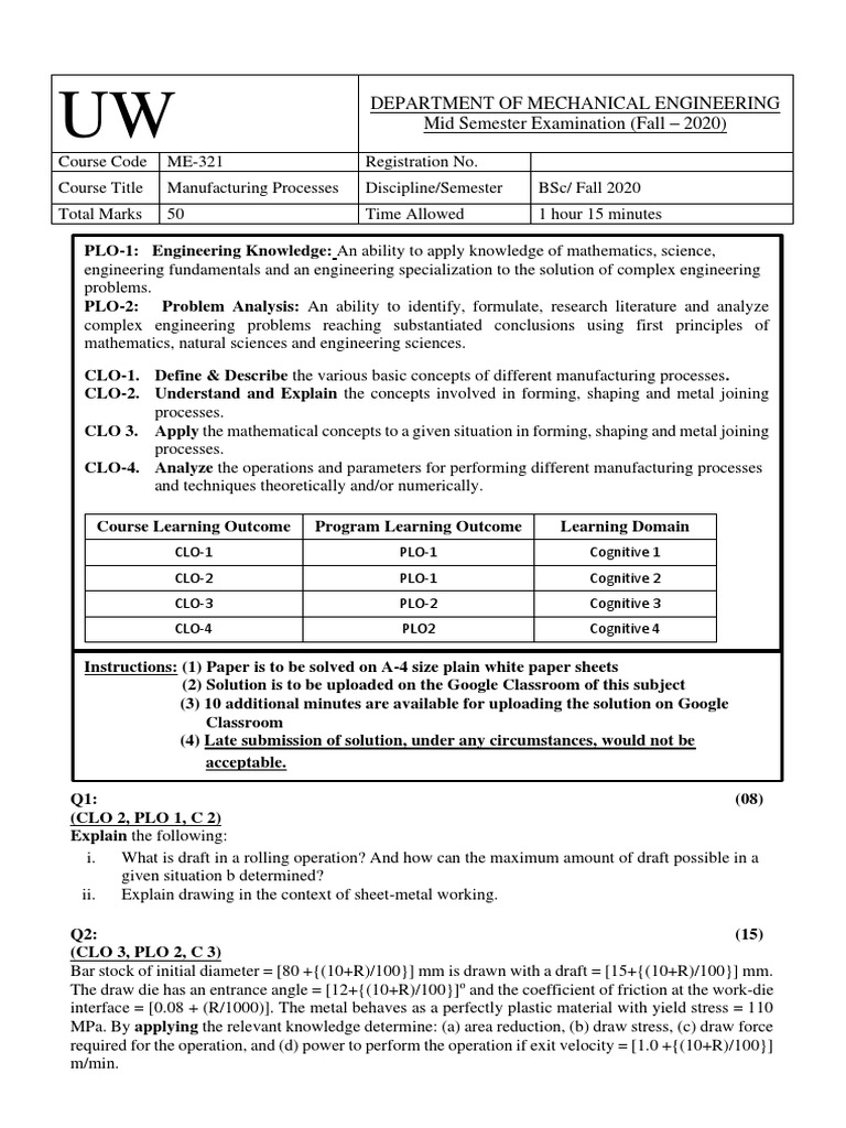 Manufacturing Processes Exam Q&A Guide | PDF | Casting (Metalworking ...