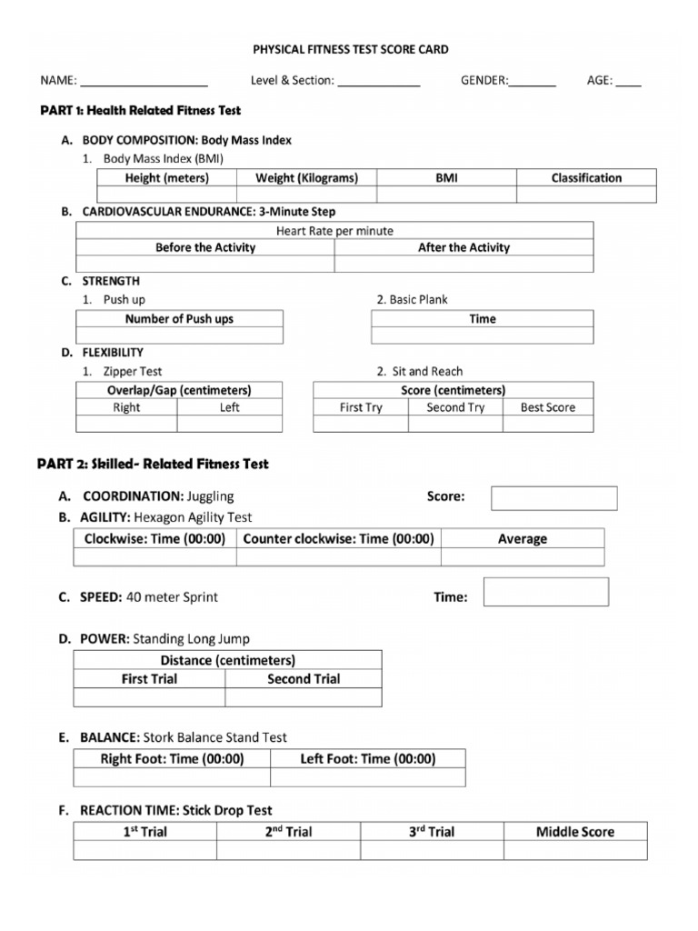 Physical Fitness Test Score Card | PDF