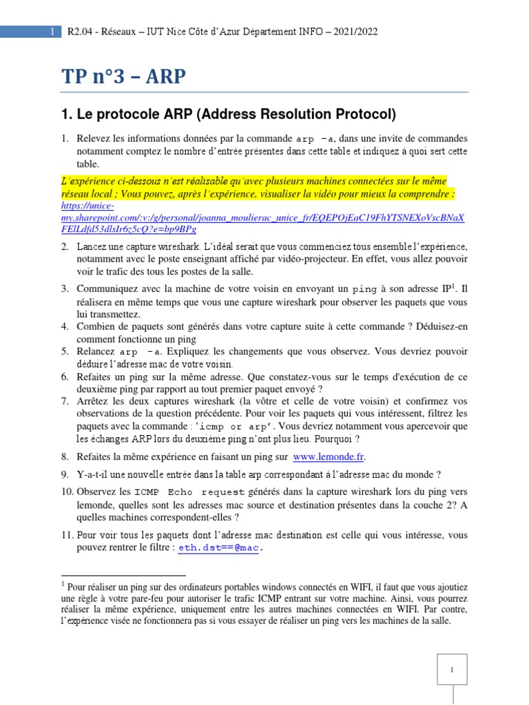 Protocole ARP et Wireshark en TP Réseaux | PDF | Protocoles Internet | Protocole de transfert ...