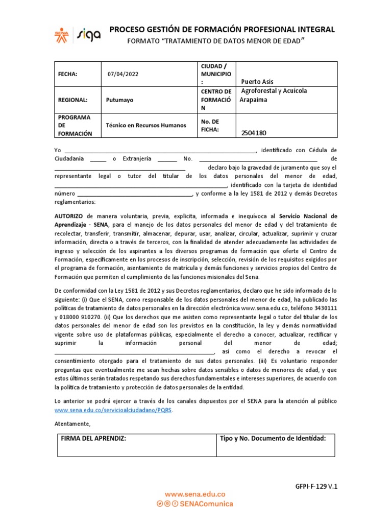 GFPI-F-129 Formato Tratamiento de Datos Menor de Edad.... | PDF ...