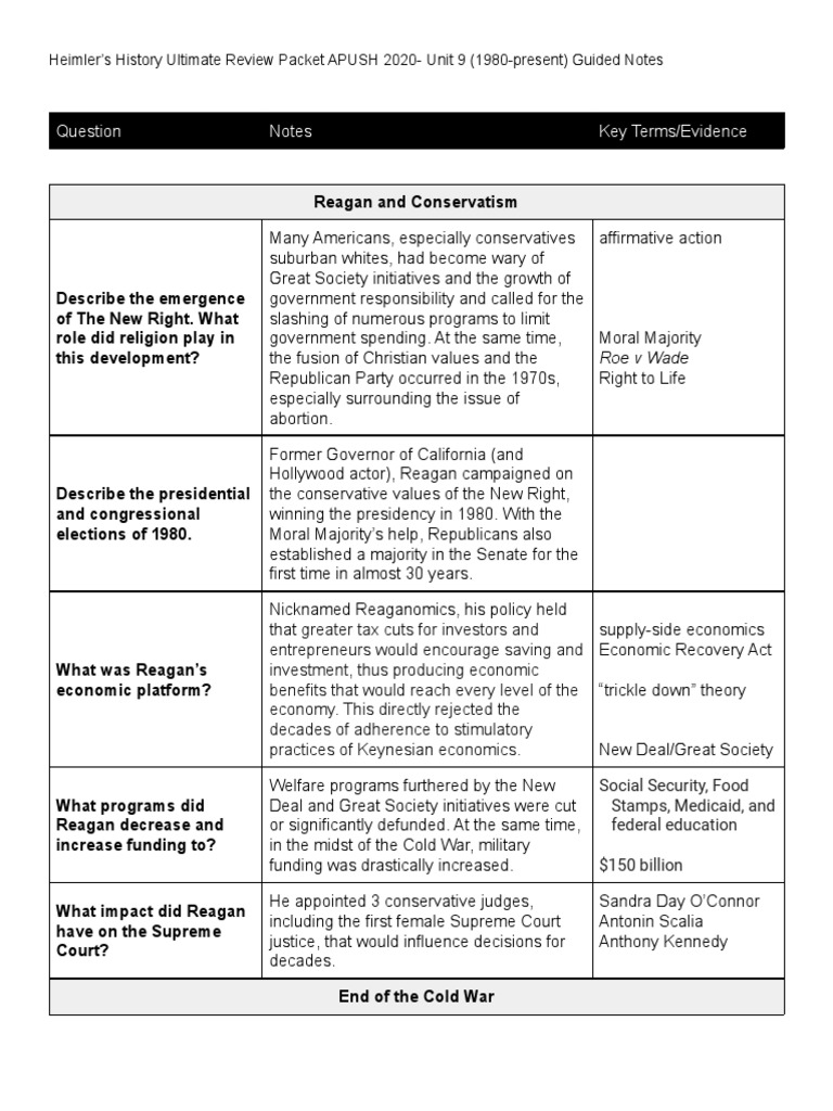 APUSH - Unit 9 Guided Notes | PDF | Ronald Reagan