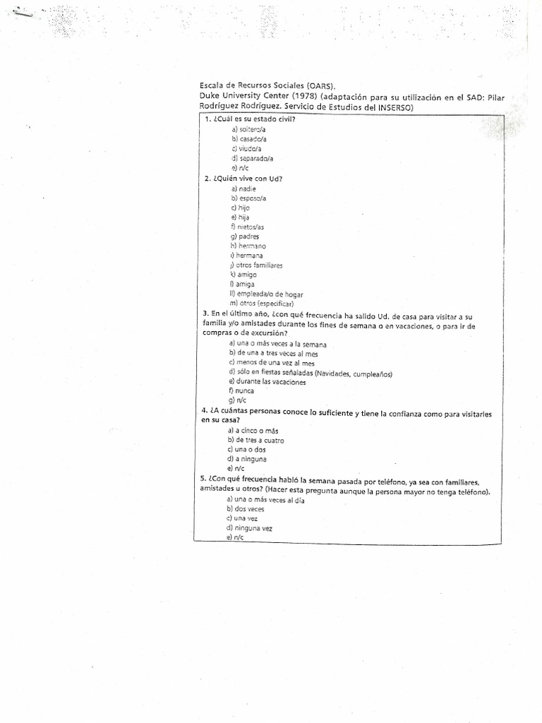 Escala de Recursos Sociales OARS | PDF