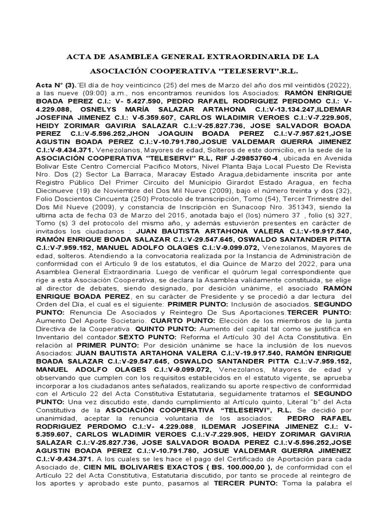 Acta de Asamblea Teleservi II | PDF | Cooperativa | Contabilidad