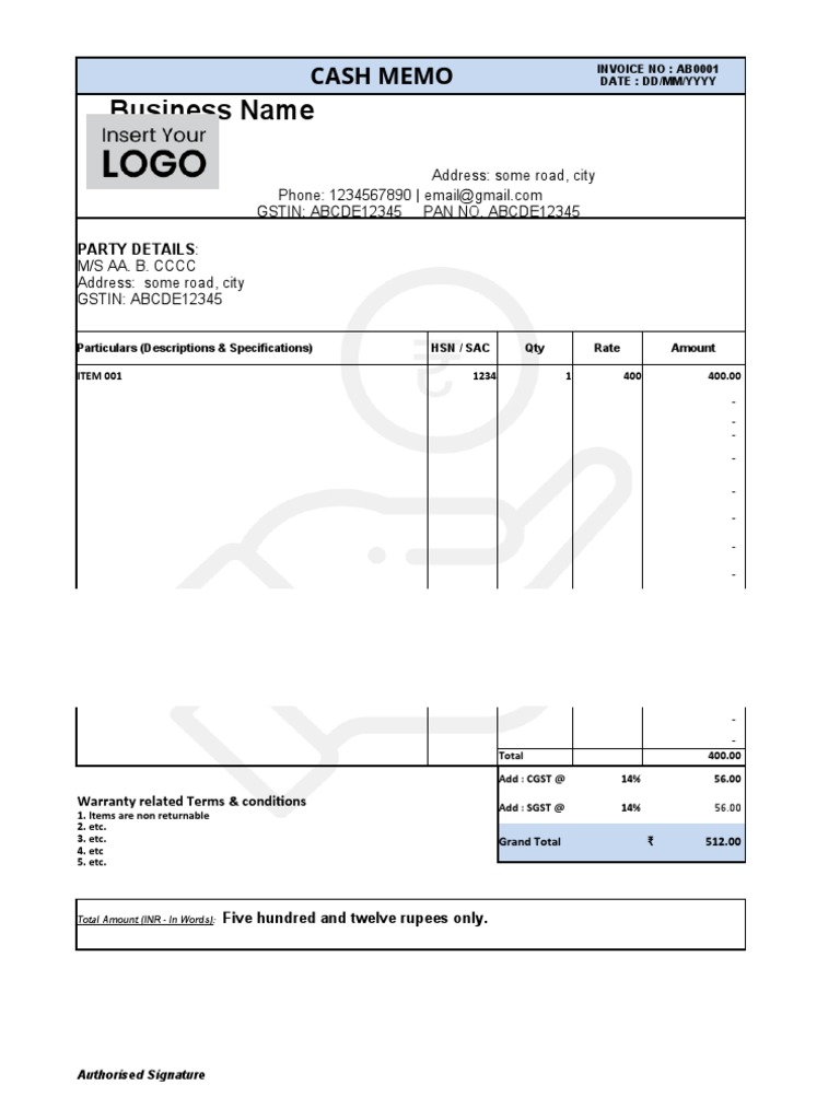 GST Cash Memo Format Example | PDF