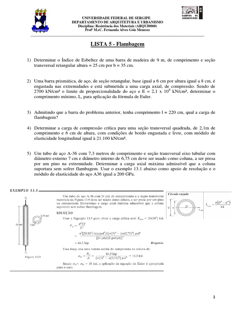 Lista de Exercício 5 - Flambagem | PDF | Flambagem | Mecânica dos sólidos