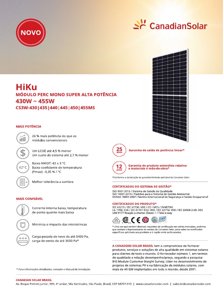 MÓDULO FOTOVOLTAICO HIKU CANADIAN 450Wp | PDF