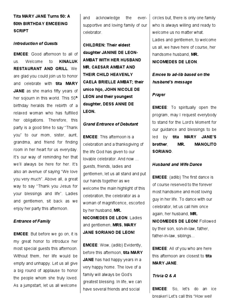 50th Birthday Emceeing Script | PDF