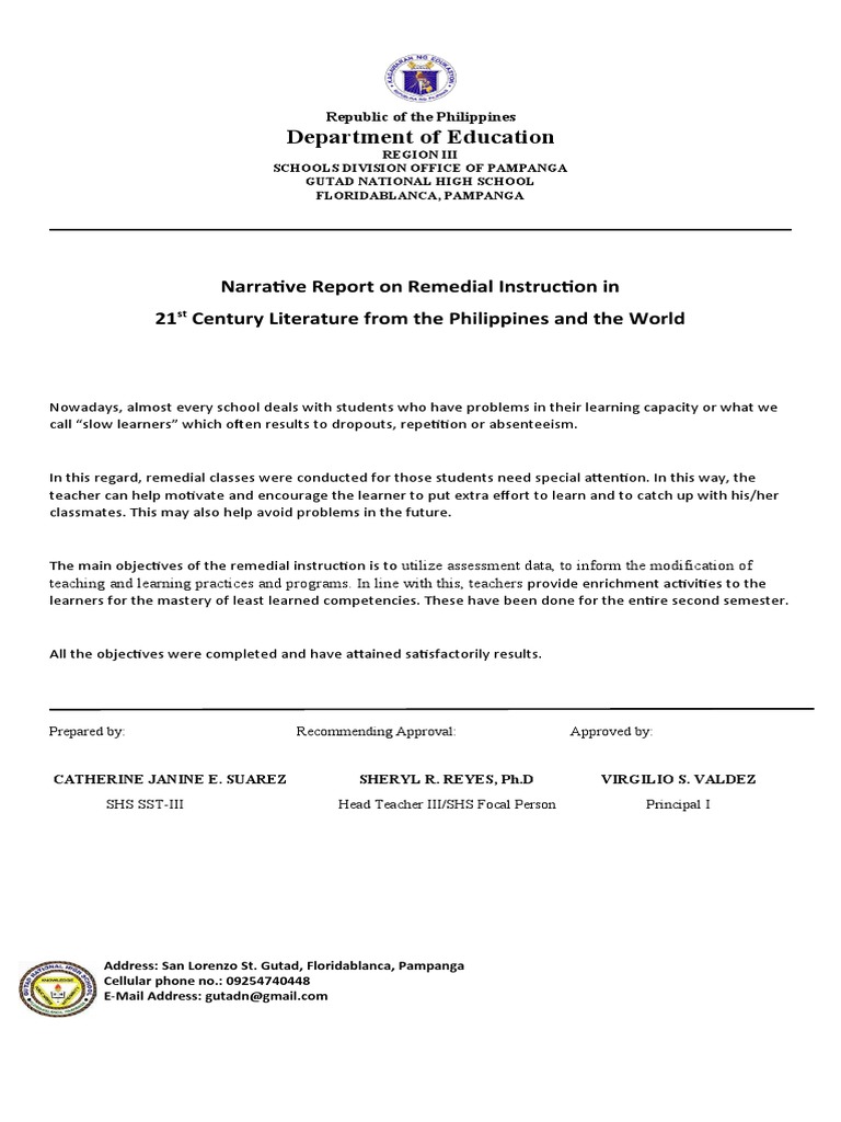 Narrative Report On Remedial Instruction in | PDF | Learning | Teachers Narrative Report On Remedial Instruction in | PDF | Learning | Teachers
