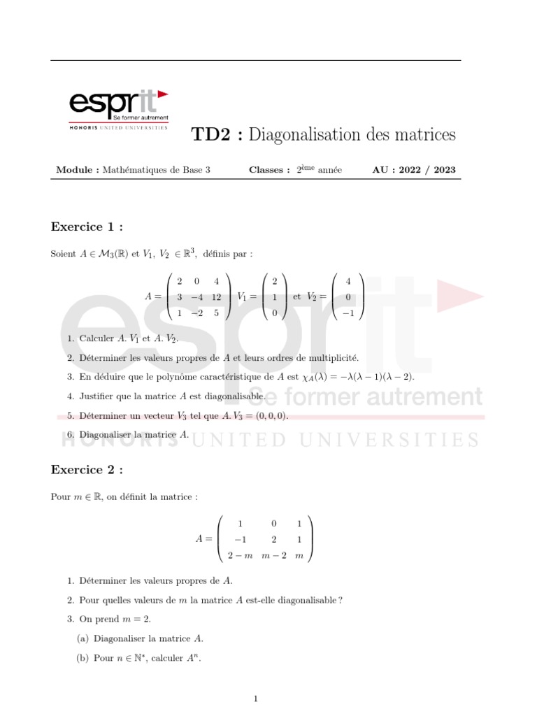 TD - Diagonalisation Des Matrices | PDF | Matrice (Mathématiques) | Algèbre générale
