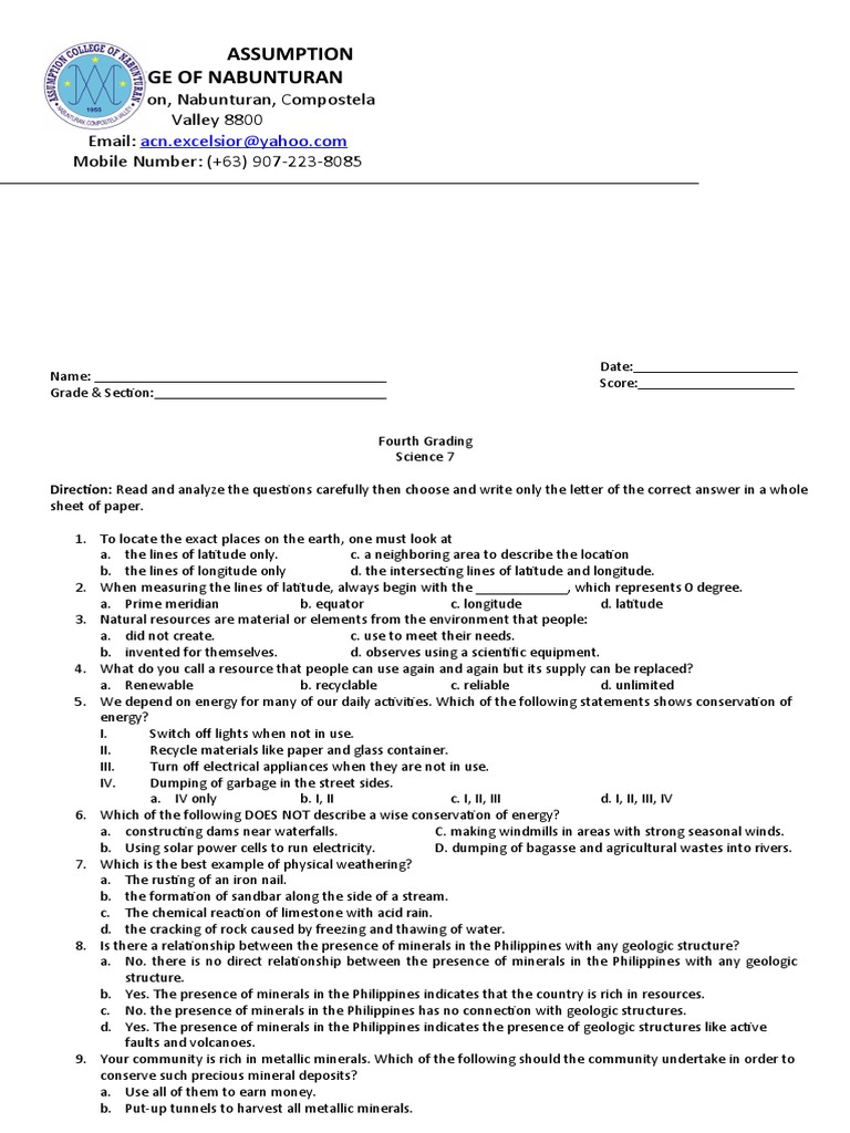 Grade 7 Science Questionnaire | PDF | Atmosphere Of Earth | Earth