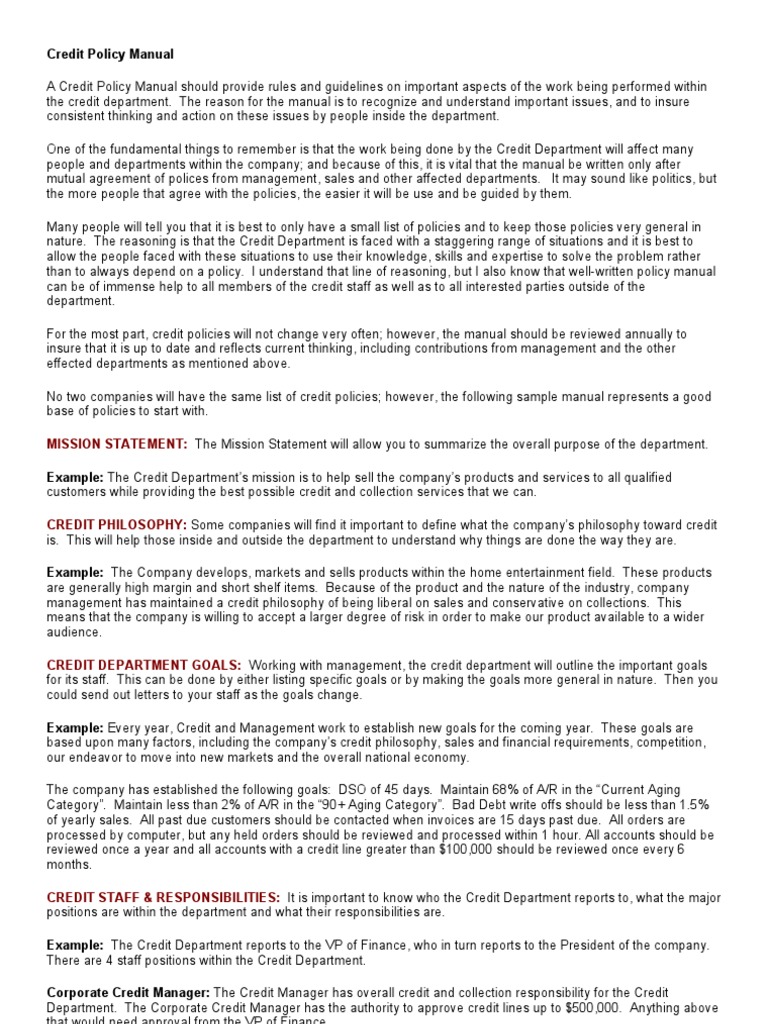 Credit Policy Manual Overview | PDF | Credit | Finance & Money Management