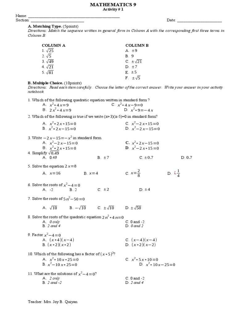 Q1W1 SUMMATIVE TEST 1 Math 9 | PDF | Quadratic Equation | Mathematics