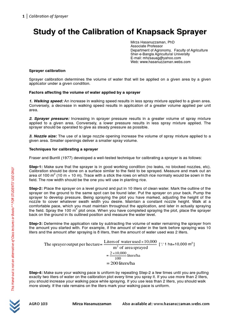 Calibration of Knapsack Sprayer | PDF | Pressure | Litre