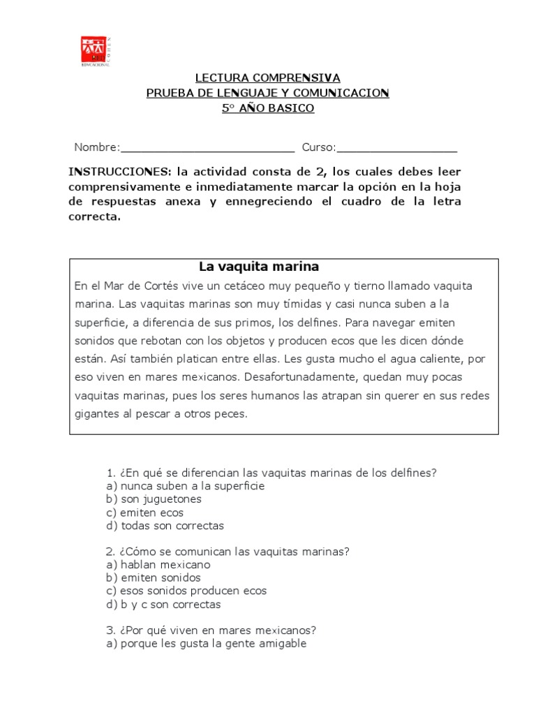 Comprensión Lectora 5to Año Octubre | PDF