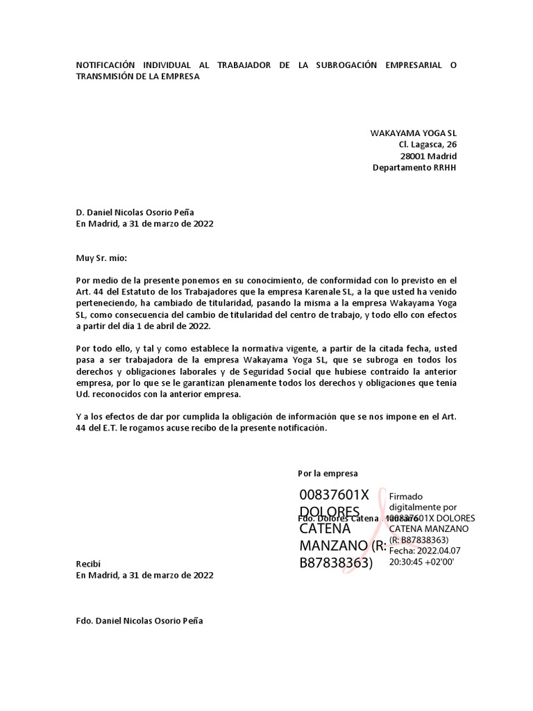 Notificación de Subrogación Laboral | PDF