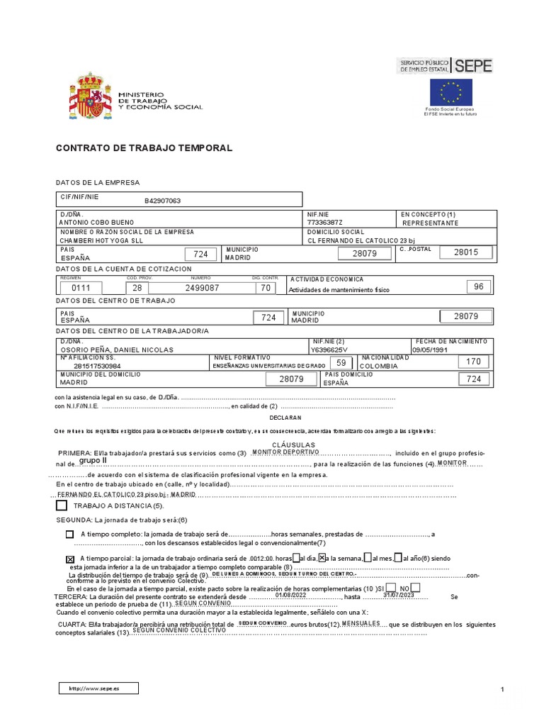 Contrato de trabajo temporal para monitor deportivo en gimnasio de ...