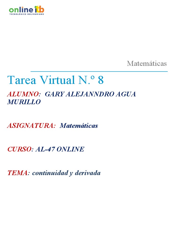 Entrega# 8 Continuidad y Derivada | PDF | Derivado | Matemáticas