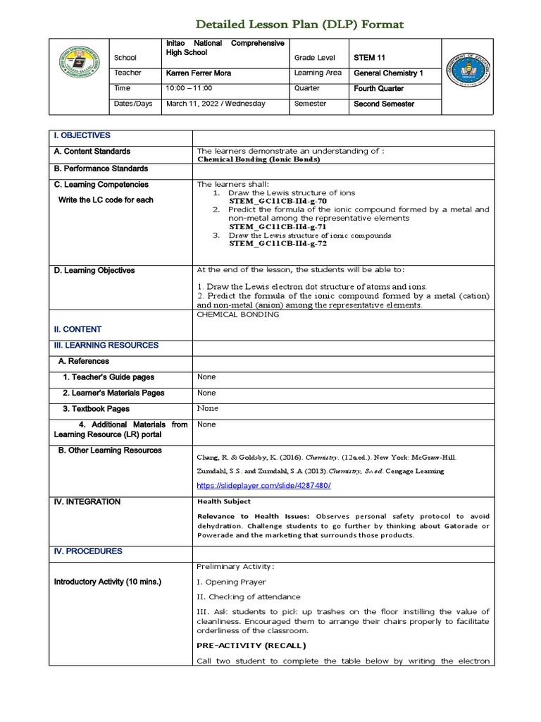 Grade 11 Chemical Bonding Lesson Plan | PDF | Ion | Ionic Bonding