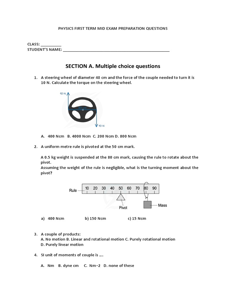 Physics First Term Mid Exam Preparation Questions | PDF | Force | Weight