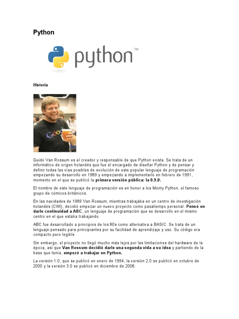 Python, Generalidades e Historia | PDF | Python (lenguaje de programación) | Lenguaje de ...