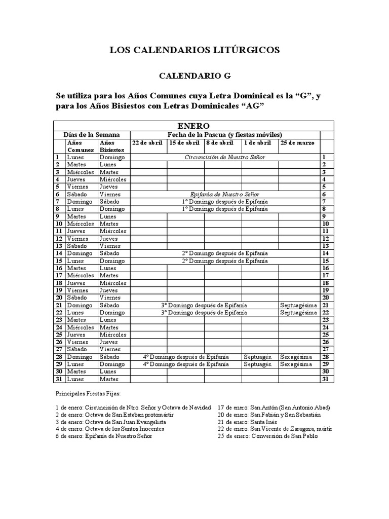 Calendarios Por Letra Dominical | PDF | Prestado | Pascua de Resurrección