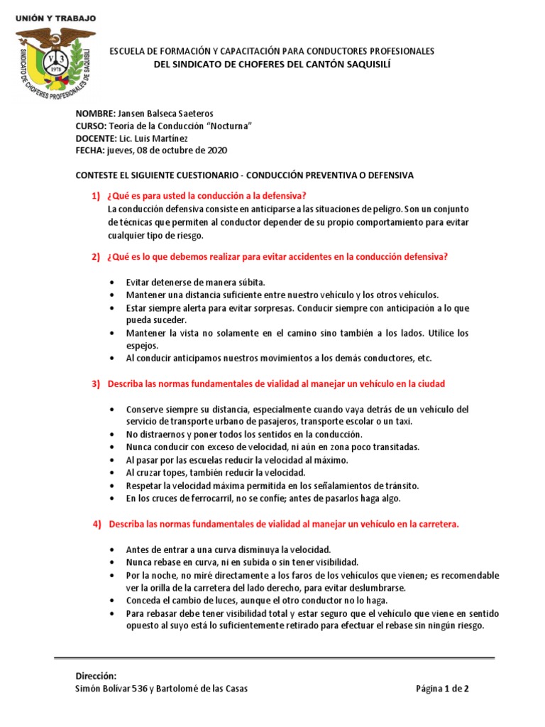 Jansen Balseca Saeteros - TConduccion - T4 | PDF | Vehículos | Transporte