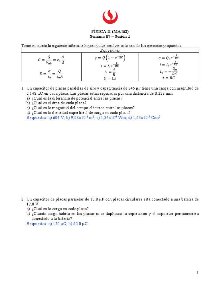 MA462 - S07 - DC1 - Capacitancia y Circuitos RC - PREG | PDF | Condensador | Cantidad