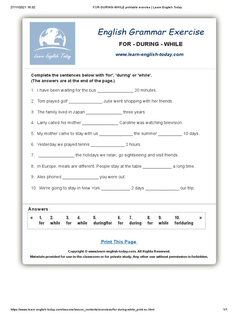 FOR-DURING-WHILE Printable Exercise - Learn English Today | PDF FOR-DURING-WHILE Printable Exercise - Learn English Today | PDF