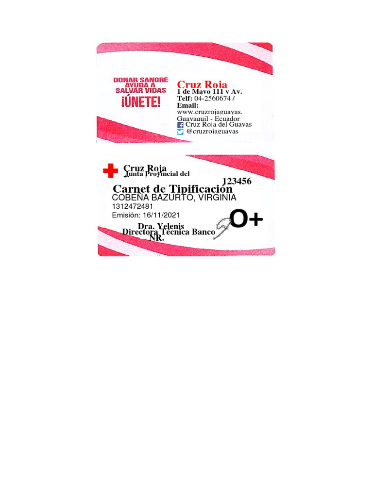 Carnet Tipificación Sanguinea - Cruz Roja - Cobeña | PDF