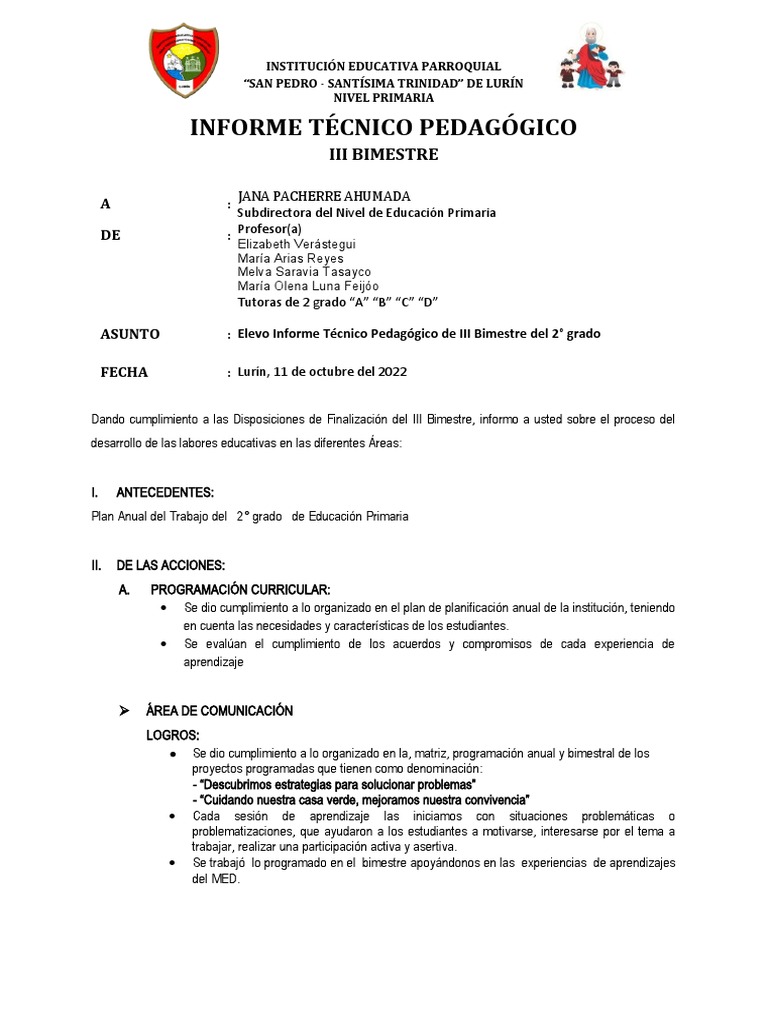 Informe Técnico Pedagógico 2022 Iii Bimestre | PDF | Aprendizaje | Maestros