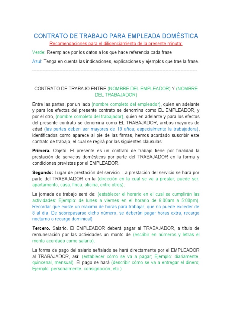 Contrato de Trabajo para Empleada Doméstica - Laboral | PDF | Salario | Labor