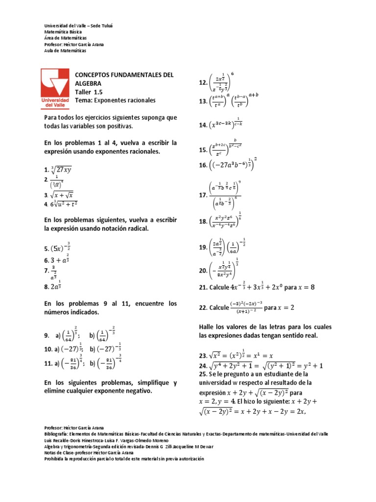 Taller1.5 Exponentes Racionales Héctor García Arana | PDF | Matemáticas ...