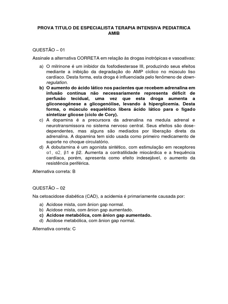Prova de Especialista em Terapia Intensiva Pediátrica: Questões e Respostas | PDF | Dopamina ...