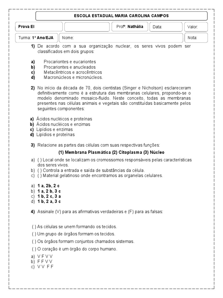 Prova EI 1º Ano e Eja | PDF | Célula (Biologia) | Citoplasma