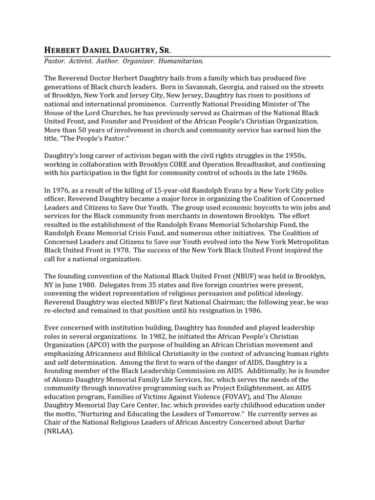 The Reverend Herbert Daughtry: Biography From House of The Lord Web ...