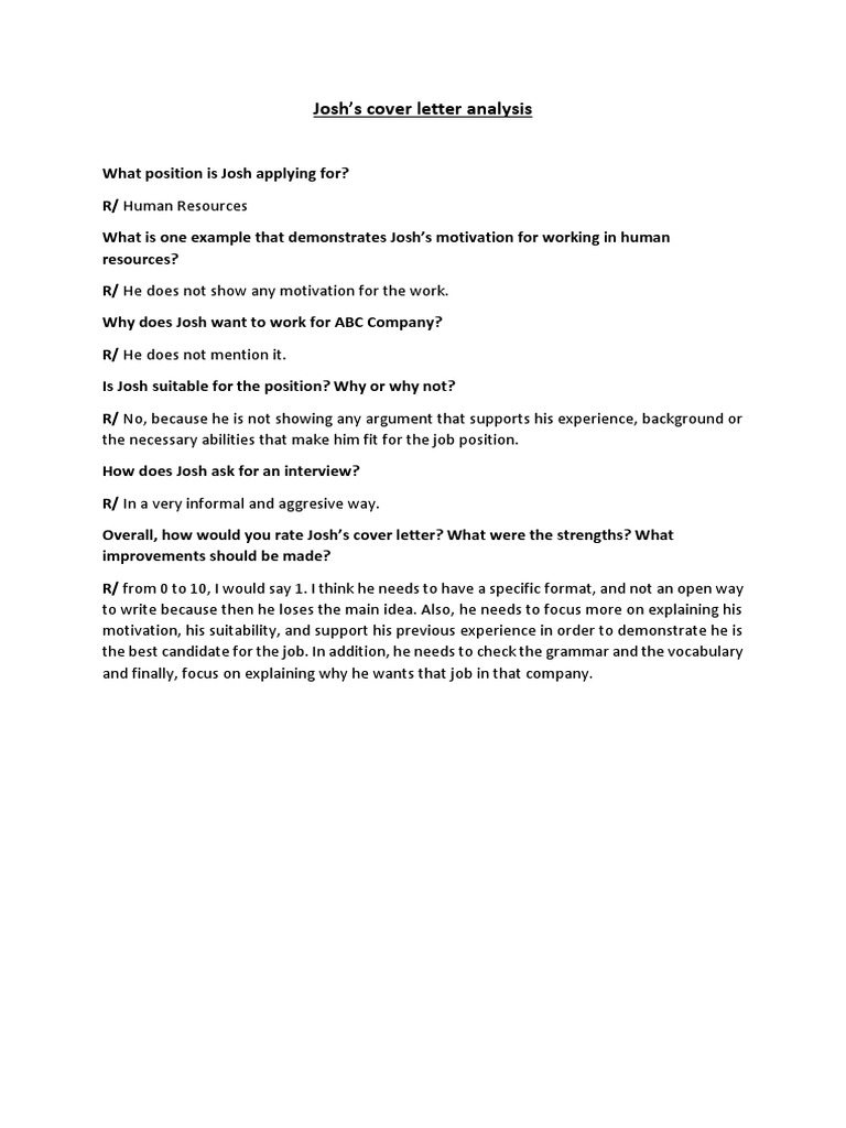 Josh's Cover Letter Evaluation for HR Role | PDF
