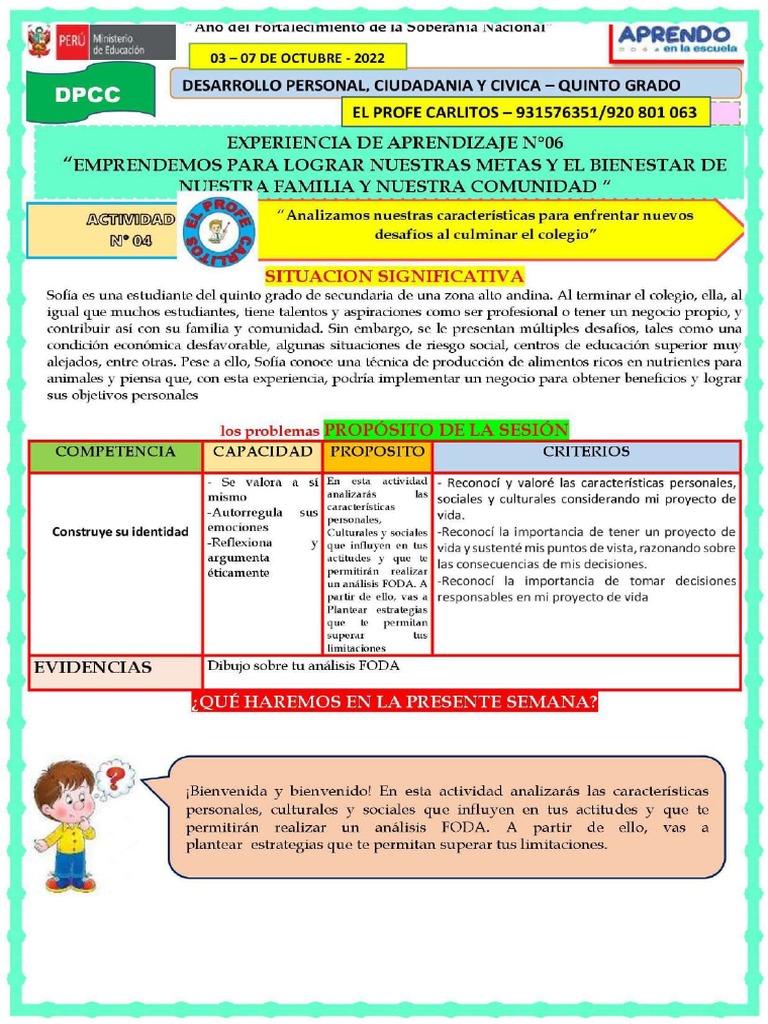 Experiencia de Aprendizaje #06 - Actividad #04 - Desarrollo Personal Ciudadania y Civica - 5to ...