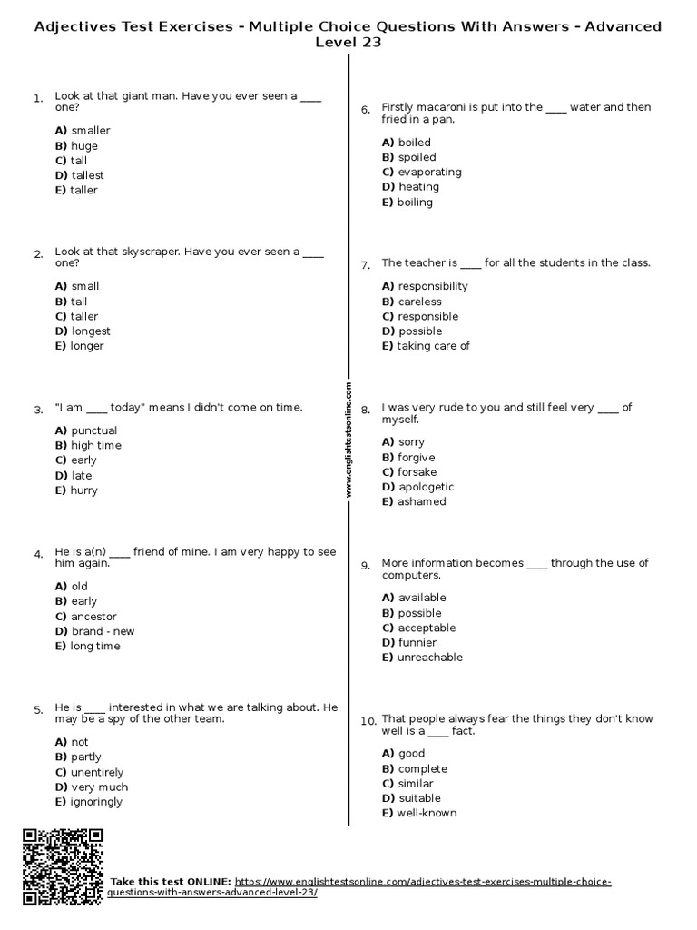 522 - Adjectives Test Exercises Multiple Choice Questions With Answers ...