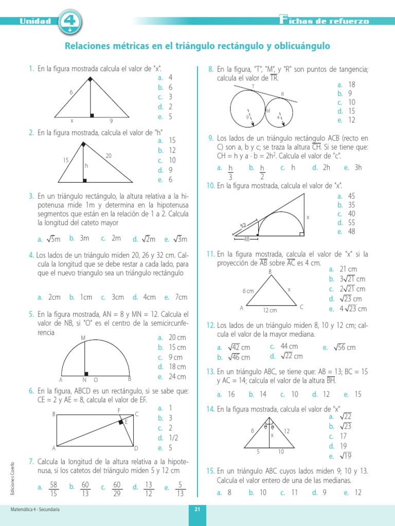 Relaciones Metricas en El Triangulo Rectangulo y Oblicuangulo | PDF | Triángulo | Matemática ...